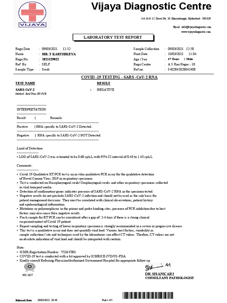 Laboratory Test Report: Test Name Result Sars-Cov-2 | PDF | Reverse ...