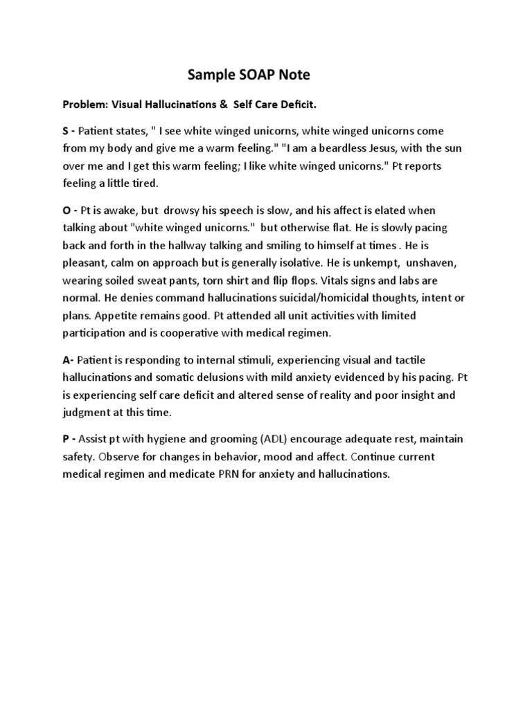 Visual Hallucinations and Self Care Deficit SOAP Note | PDF