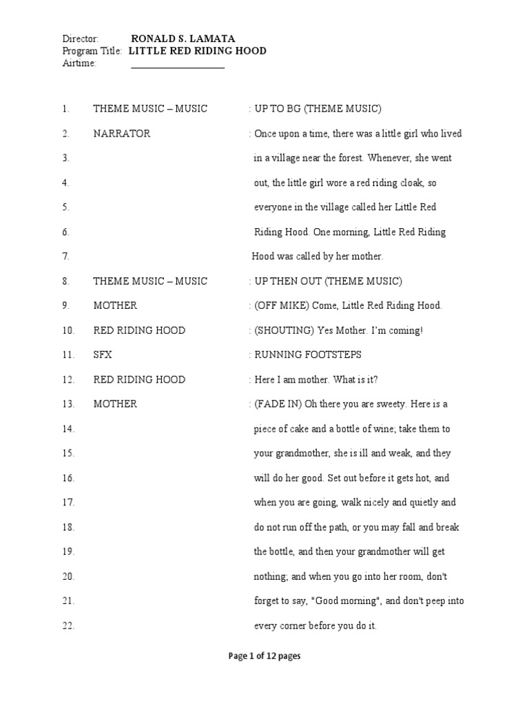 Little Red Riding Hood SCRIPT | PDF | Little Red Riding Hood