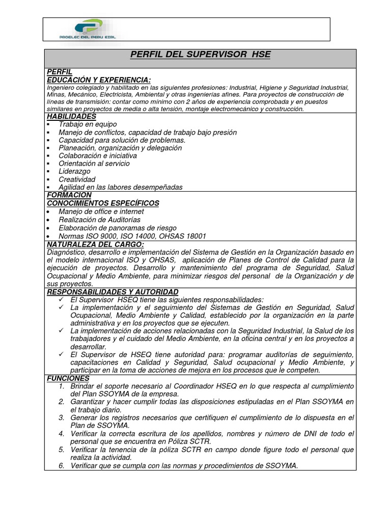 Perfil Del Supervisor Hseq | PDF | Factores humanos y ergonomía