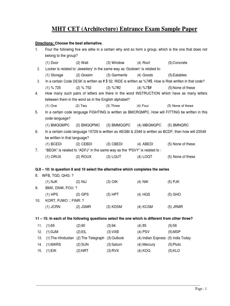 MH Cet For M.arch Sample Question Paper | PDF | Glasses | Privatization