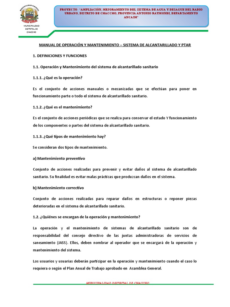 Manual de Operación y Mantenimiento - Alcantarillado Sanitario y Ptar | PDF | Colector de aguas ...