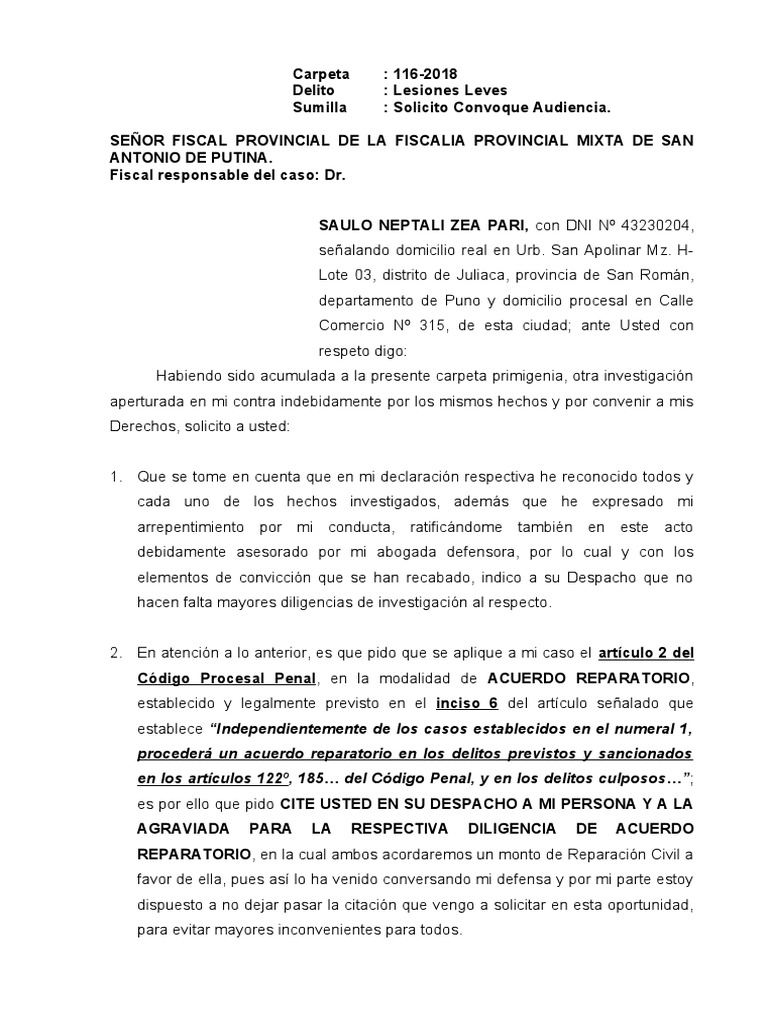 Solicita Acuerdo Reparatorio | PDF | Derecho penal | Ley Pública