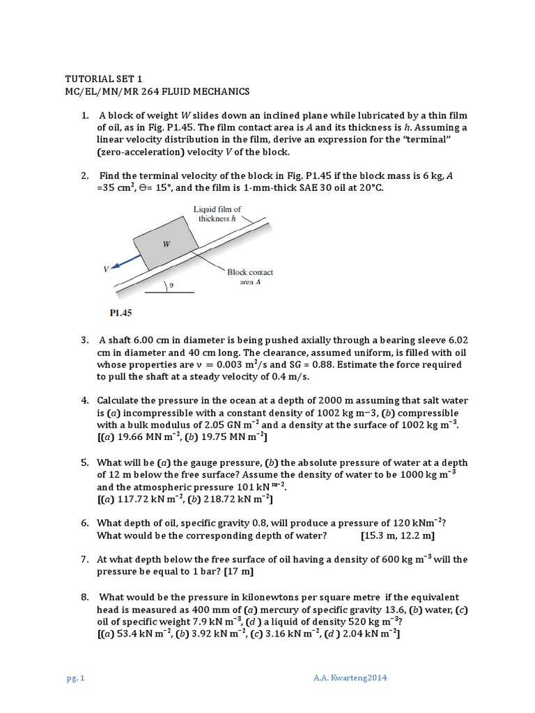 Tutorial Set 1 | PDF | Pressure | Pressure Measurement