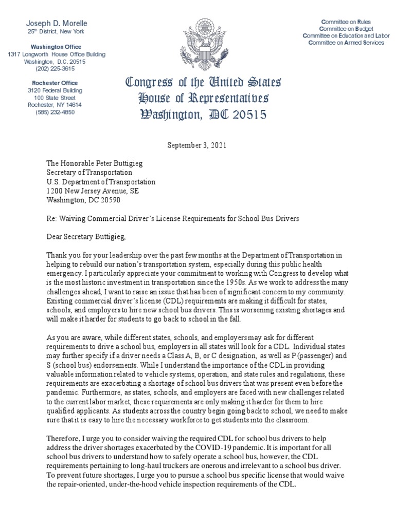 Letter On Waiver of CDL Requirements For School Bus Drivers Final | PDF ...