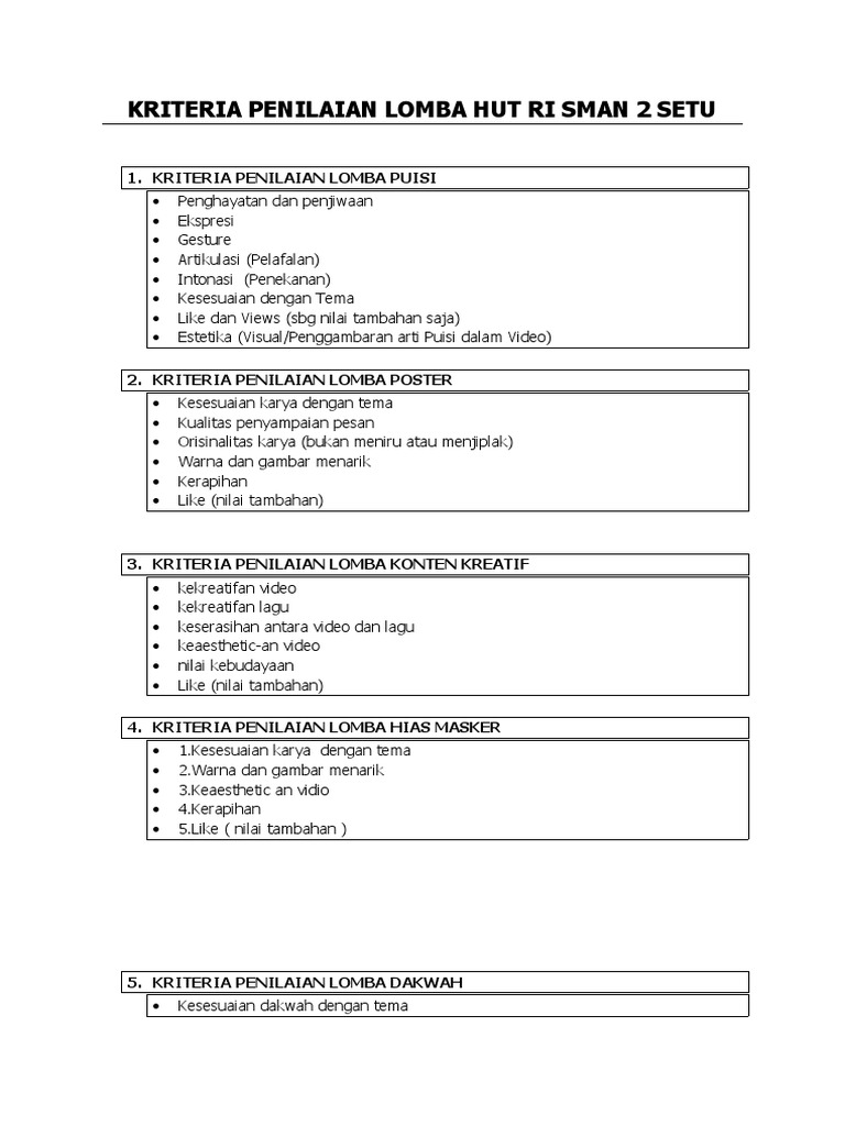 Kriteria Penilaian Lomba Hut Ri Sman 2 Setu | PDF