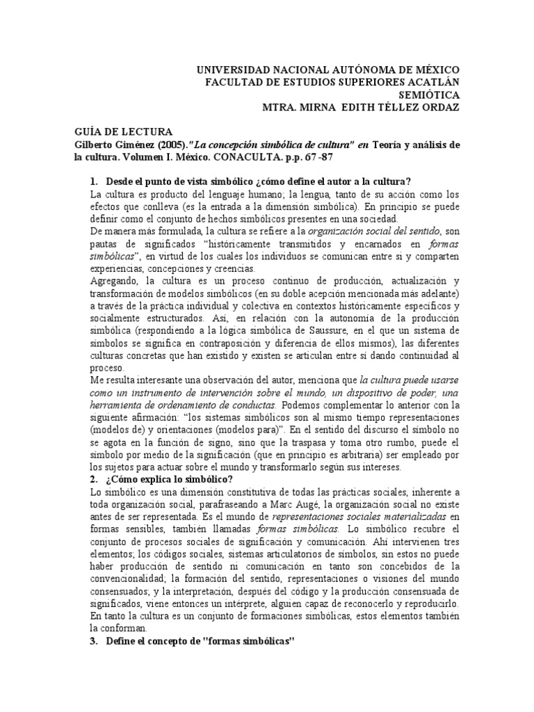 Guía Gilberto Giménez. Concepción Semiótica de Cultura | PDF | Los símbolos | Percepción