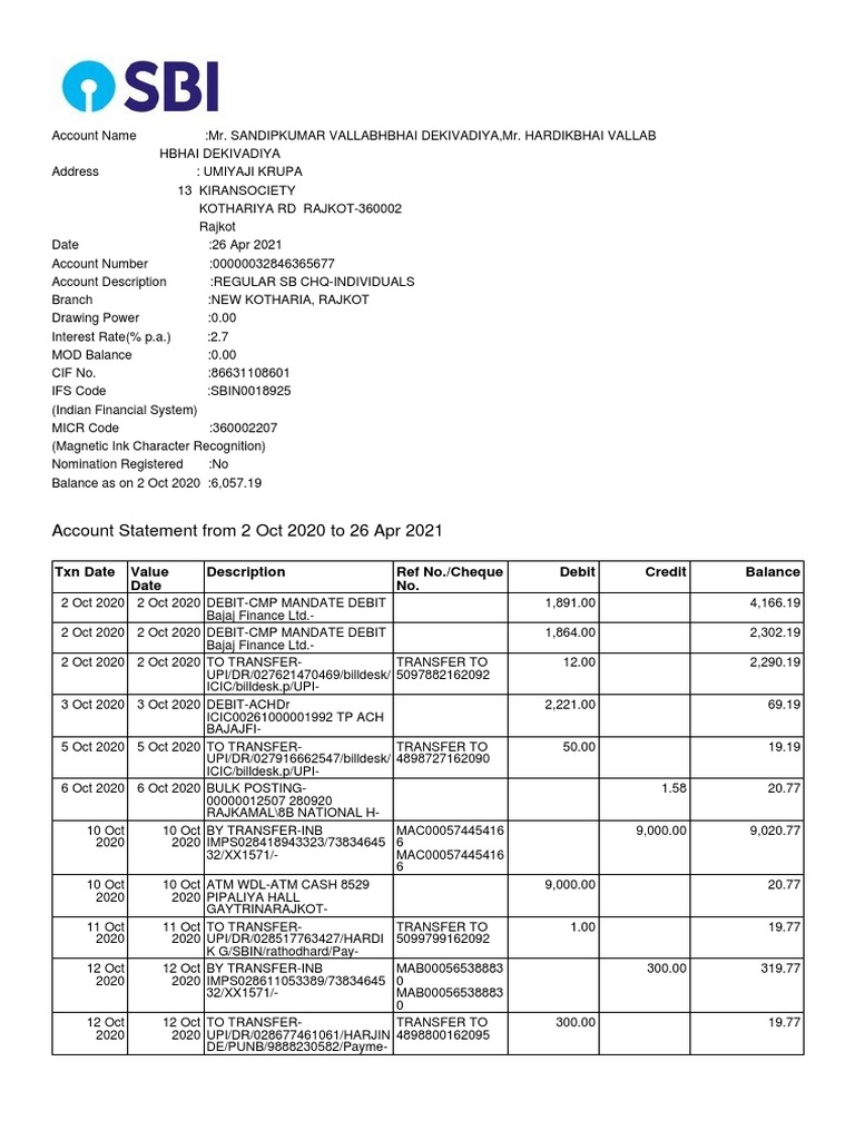 Account Statement From 2 Oct 2020 To 26 Apr 2021: TXN Date Value Date Description Ref No./Cheque ...