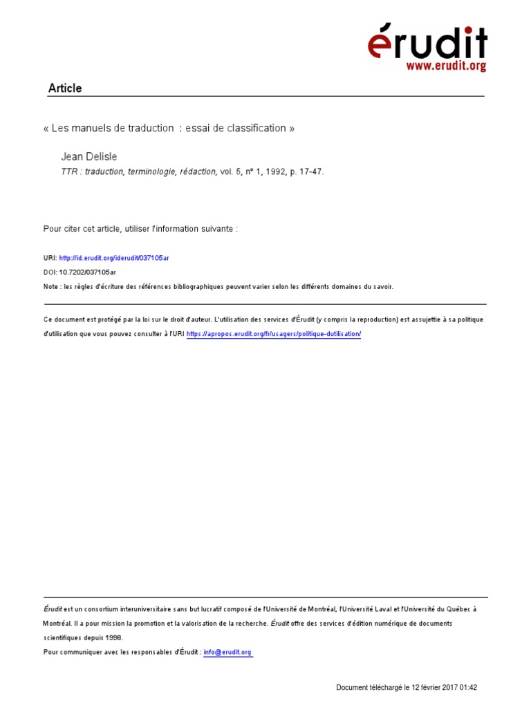 Article: Les Manuels de Traduction: Essai de Classification Jean ...