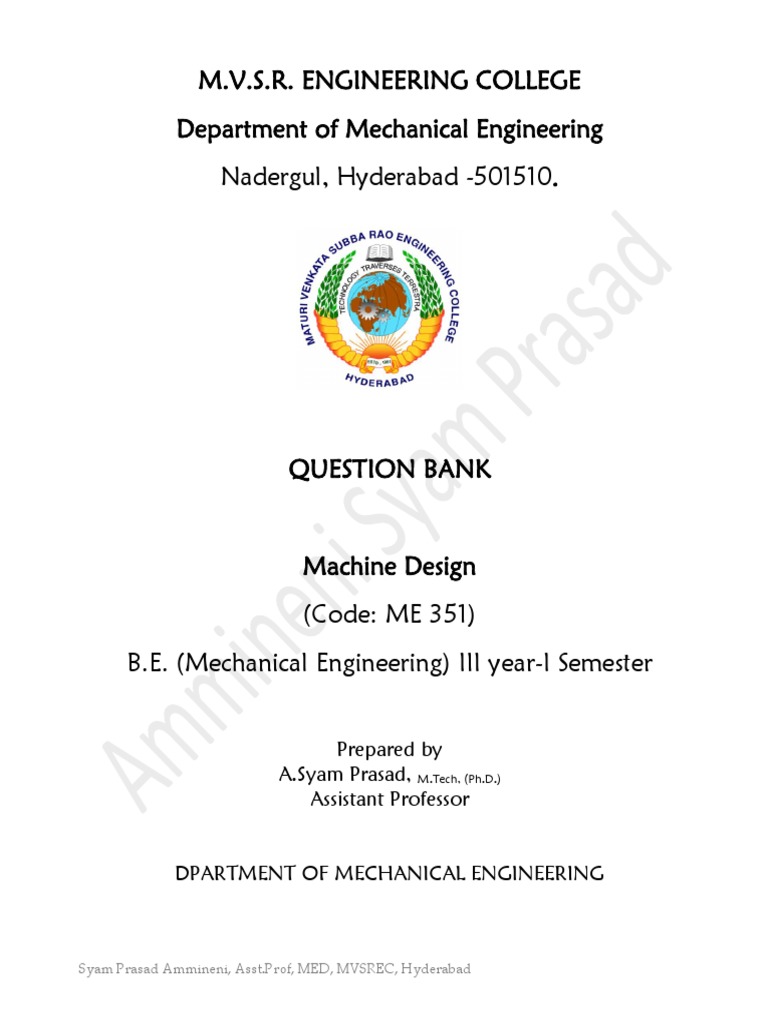 Question Bank - Machine Design | PDF | Gear | Strength Of Materials