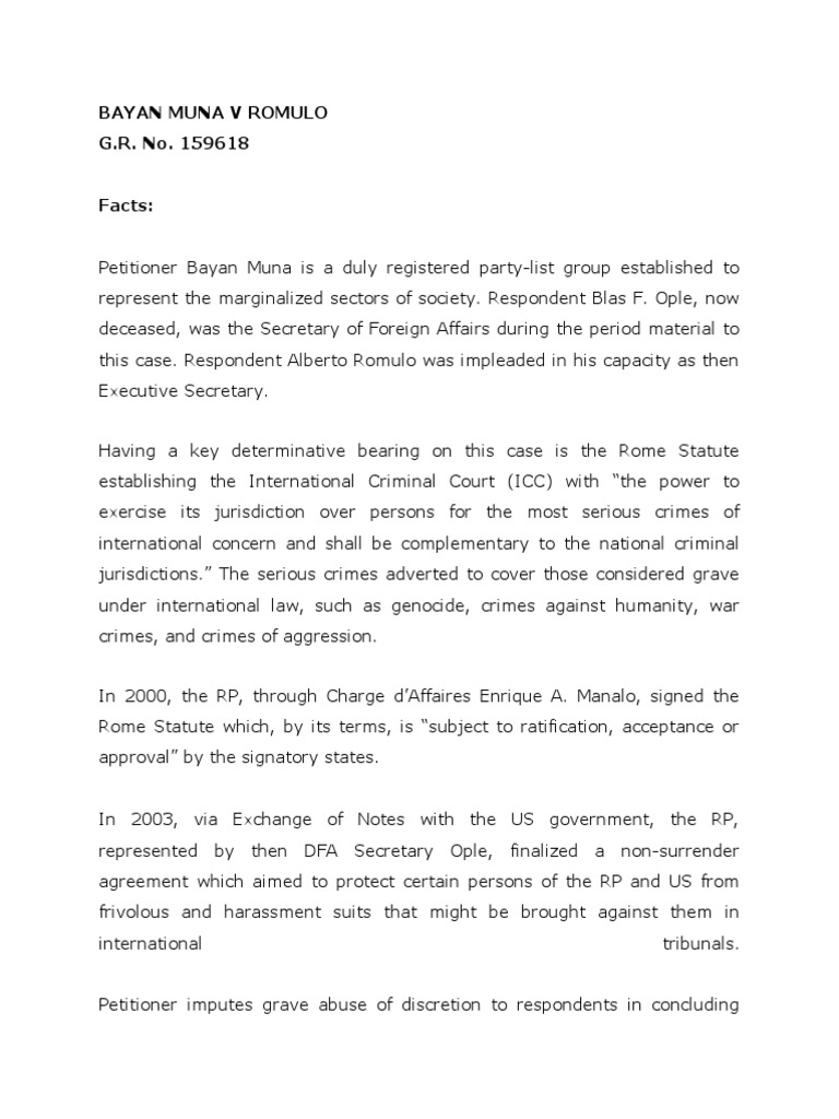 Bayan Muna V Romulo G.R. No. 159618 | PDF | Treaty | International Criminal Court