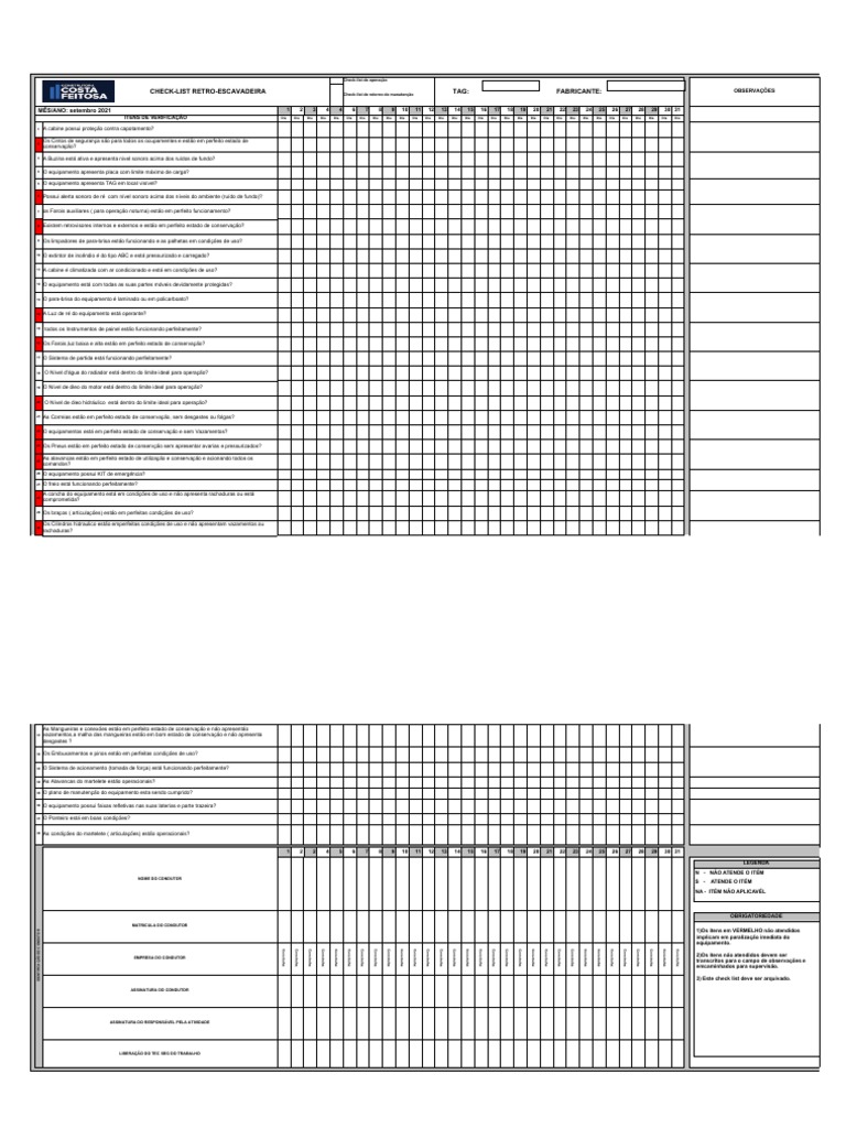 Check List - RETRO ESCAVADEIRA OK | PDF