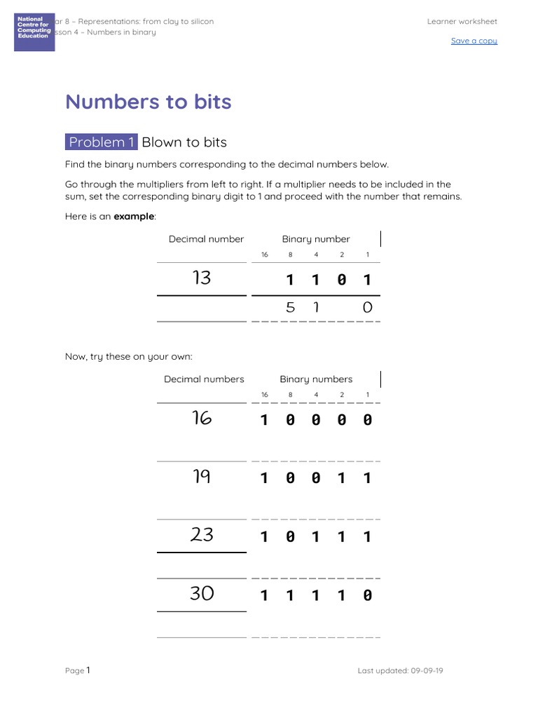 A4 Worksheet - Numbers To Bits | PDF | Bit | Theoretical Computer Science