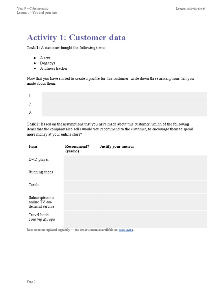 A1 Worksheet - Customer Data | PDF