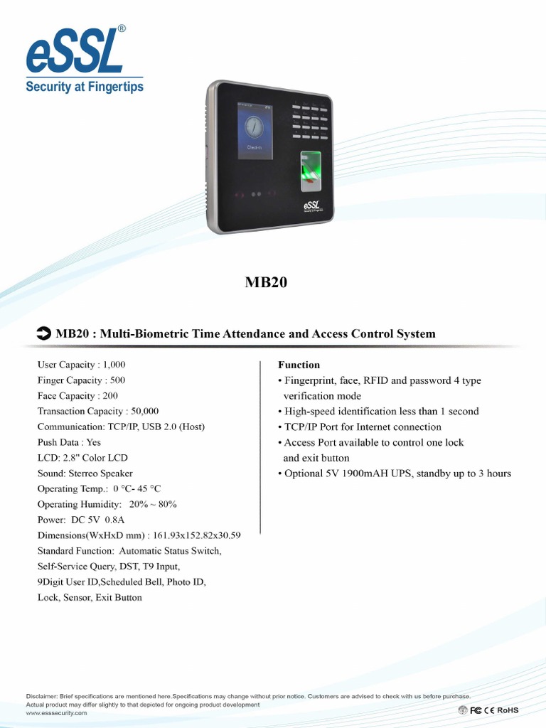 Essl Face Recognition Machine MB20 | PDF