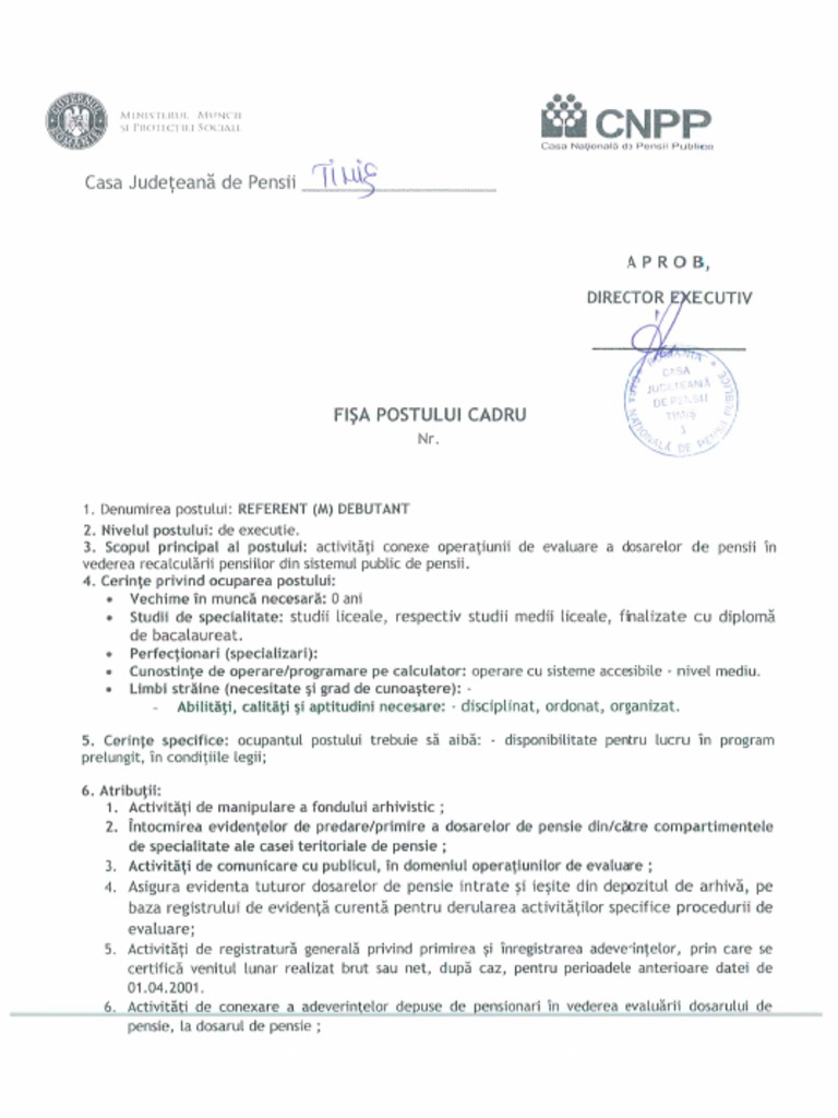 Fisa Postului Referent Debutant | PDF