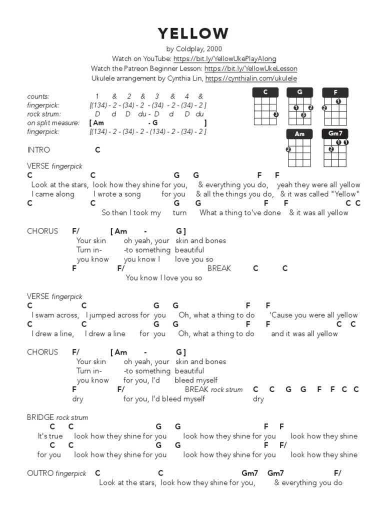 Coldplay's "Yellow" Ukulele Chords | PDF | Song Structure | Song Recordings