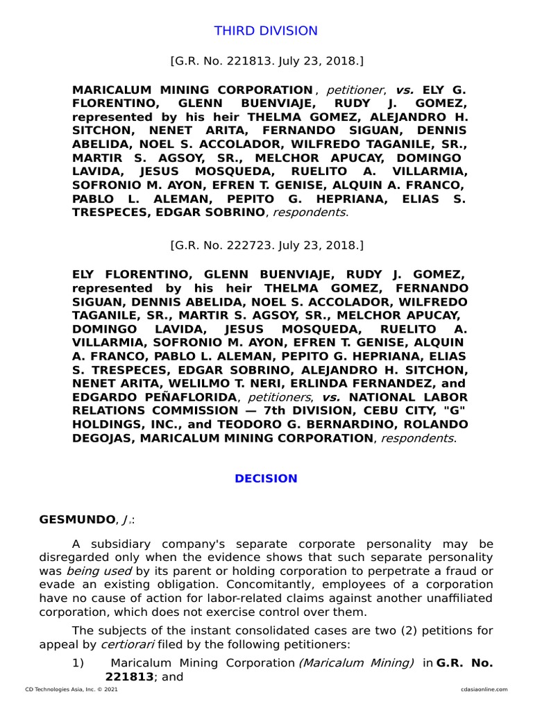 Maricalum Mining Corp. v. Florentino | PDF | Piercing The Corporate ...