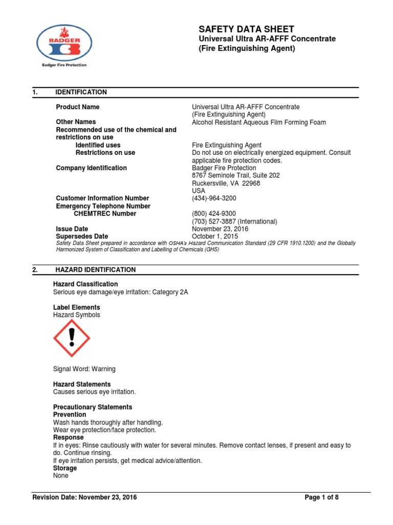 SDS - Badger - Univ. Ultra AR-AFFF Conc | PDF | Toxicity | Dangerous Goods