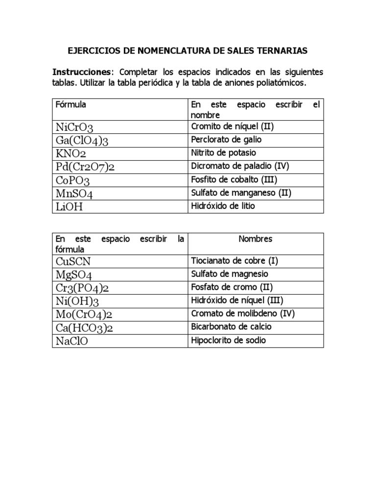 Ejercicios de Nomenclatura de Sales | PDF | Ciencia y matemáticas