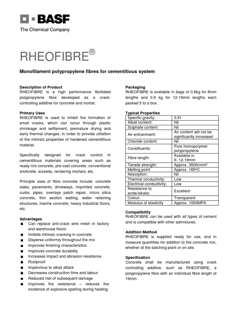 Rheofibre - Basf | PDF | Concrete | Materials