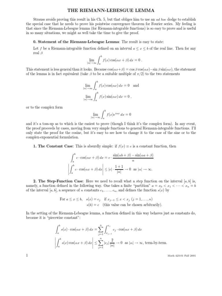Statement of The Riemann-Lebesgue Lemma: The Result Is Easy To State ...