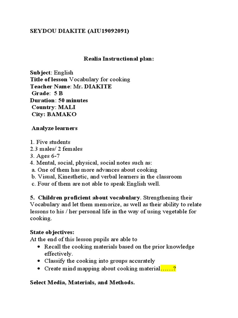 Realia Instructional Plan | PDF | Lesson Plan | Vocabulary
