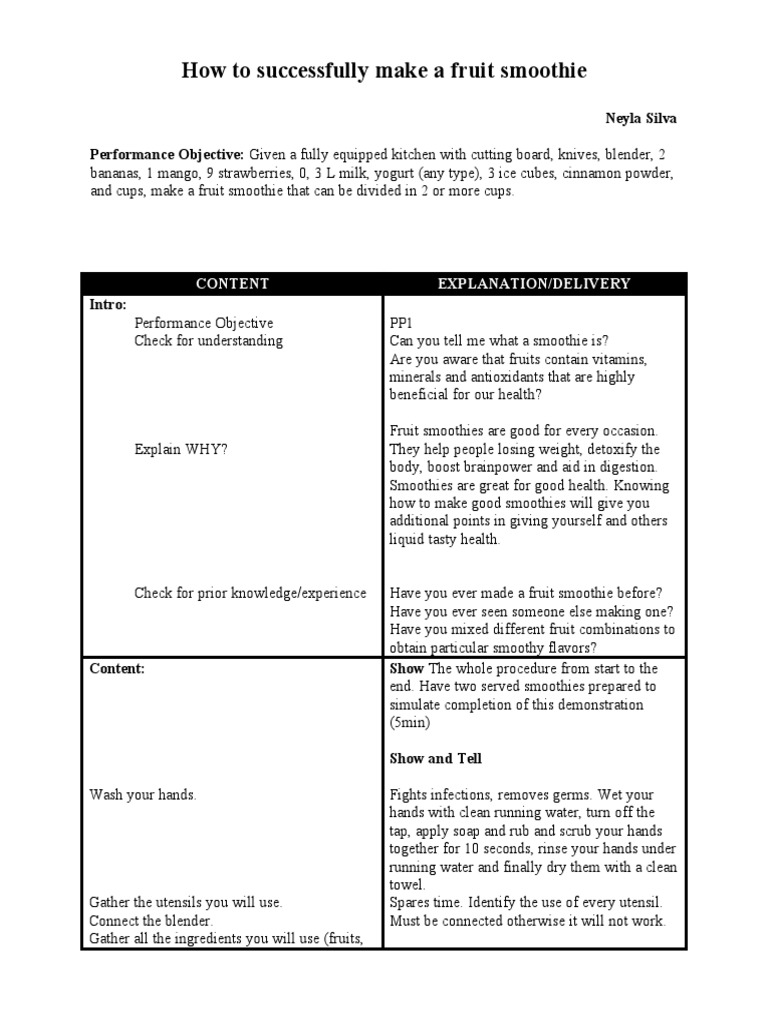 How To Make A Fruit Smoothie Skill Lesson Plan | PDF | Smoothie | Yogurt