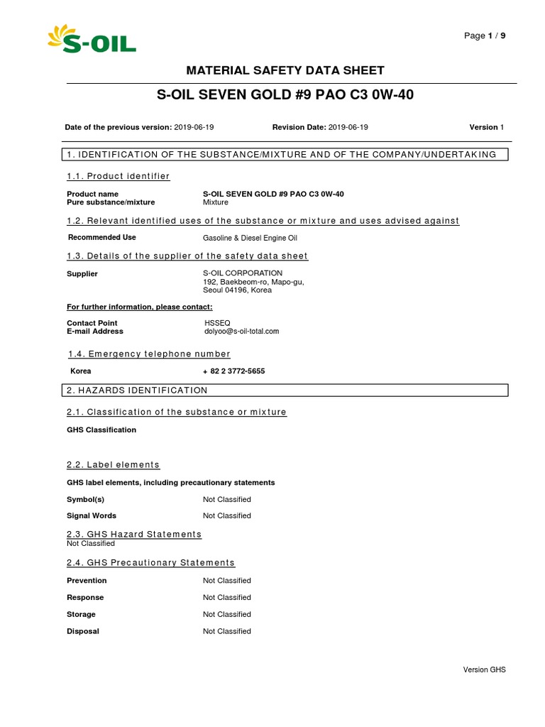 MSDS Oil Gold | PDF | Toxicity | Personal Protective Equipment
