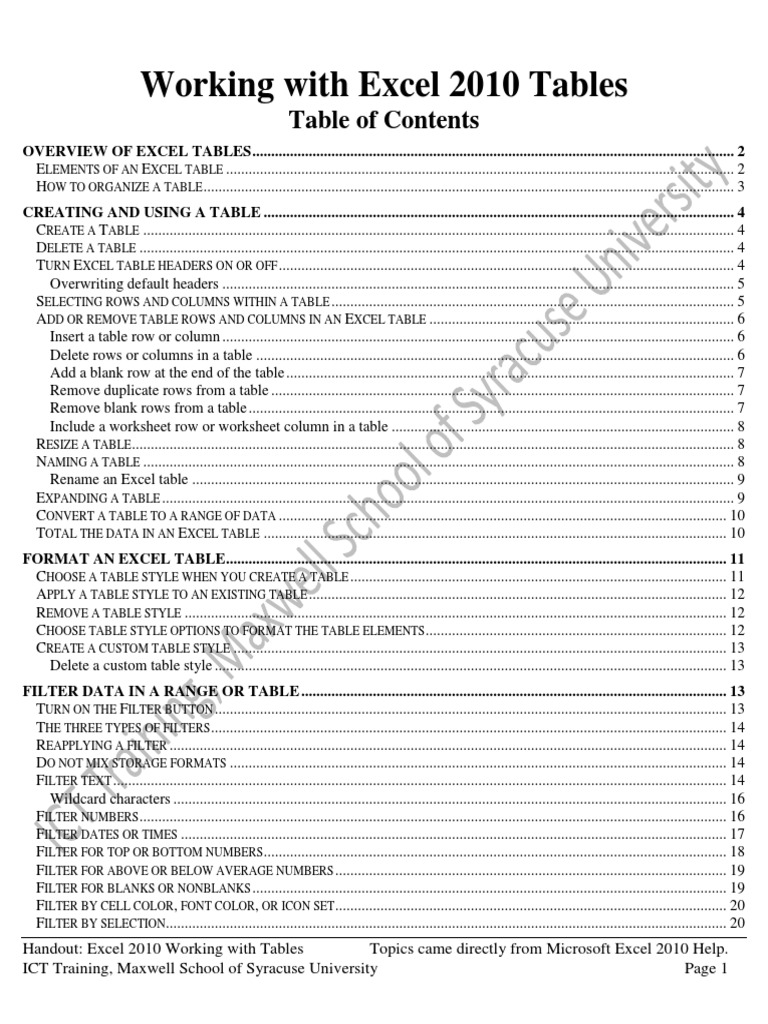 Working With Excel 2010 Tables | PDF | Microsoft Excel | Worksheet