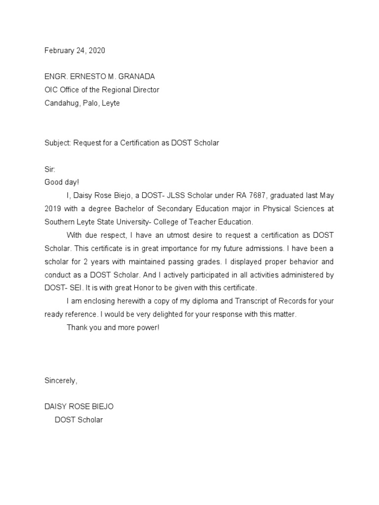 Request for DOST Scholar Certification | PDF