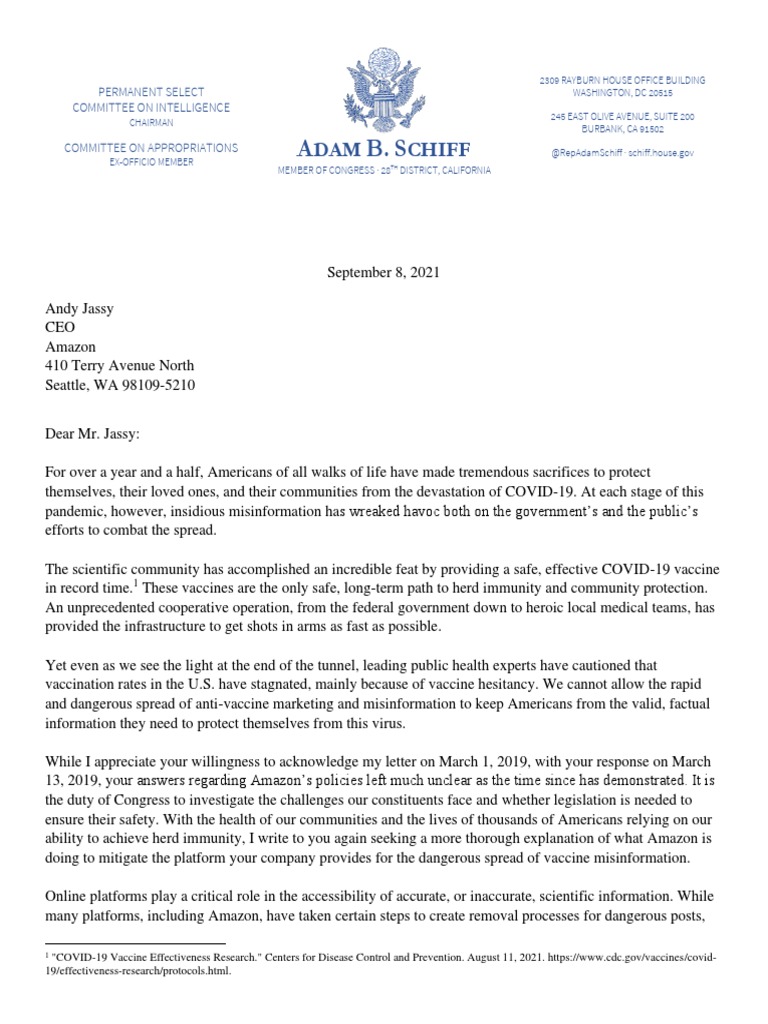 Rep. Adam Schiff Letter To Amazon | PDF