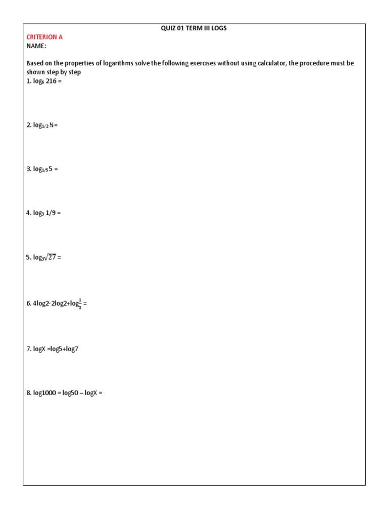 Quiz 01 III Logarithms Criteria A | PDF | Teaching Methods & Materials ...
