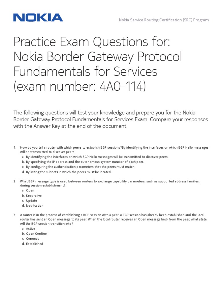 Practice Exam Questions For: Nokia Border Gateway Protocol Fundamentals For Services (Exam ...