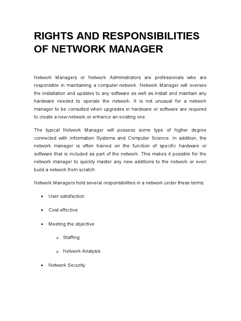 Network Manager Roles and Responsibilities | PDF | Computer Network ...