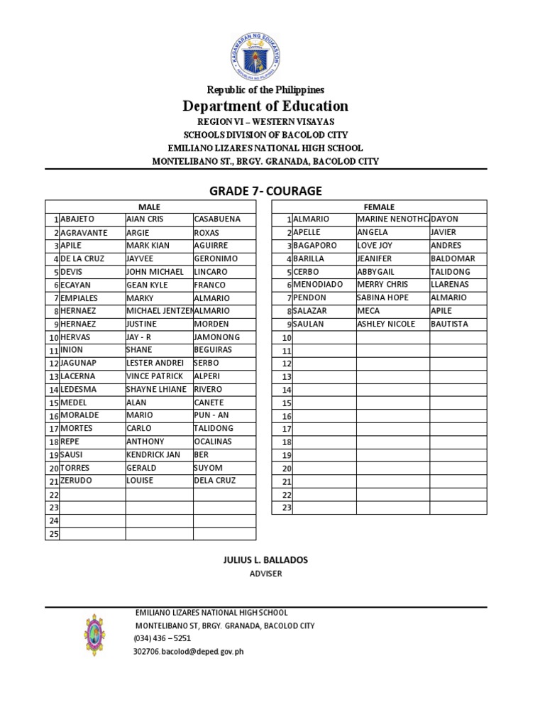 Grade 7 Sections at Emiliano Lizares High | PDF