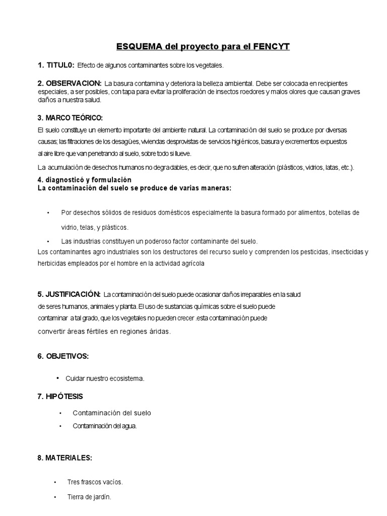Esquema Del Proyecto para El Fencyt | PDF | Residuos | Contaminación