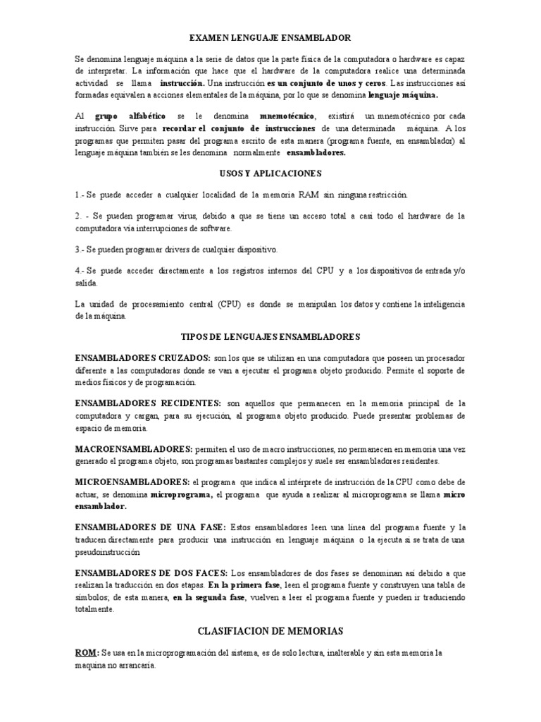 Examen Lenguaje Ensamblador | PDF | Caché (Computación) | Programación