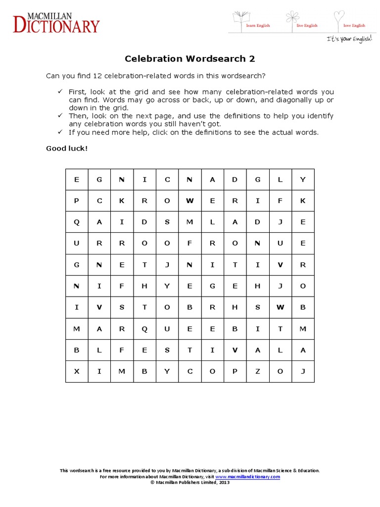 Celebration Word Search 2 | PDF | Word Search