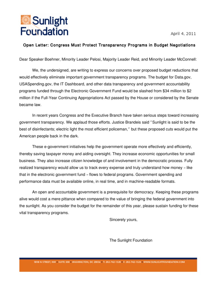 Public Letter: Save Online Transparency Programs (Updated 4/2/2011) | PDF