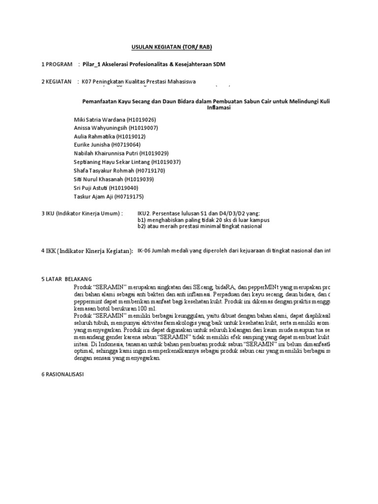 TEMPLATE TOR DAN RAB Hibah MBKM UNS (REV) - 1 | PDF