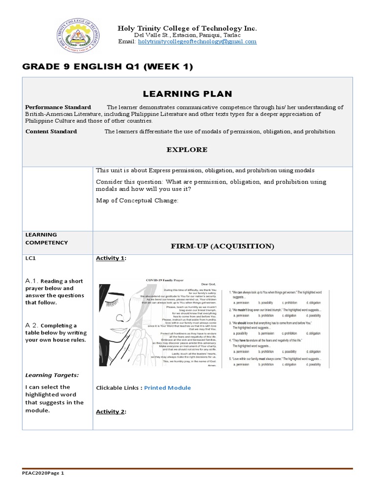 Grade 9 English Learning Plan: Modals | PDF | Learning | Rubric (Academic)