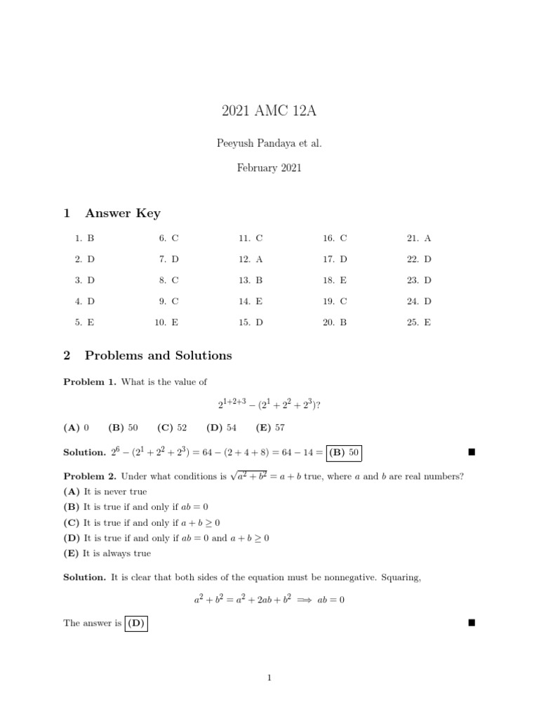 2021 AMC 12A: 1 Answer Key | PDF | Triangle | Perpendicular