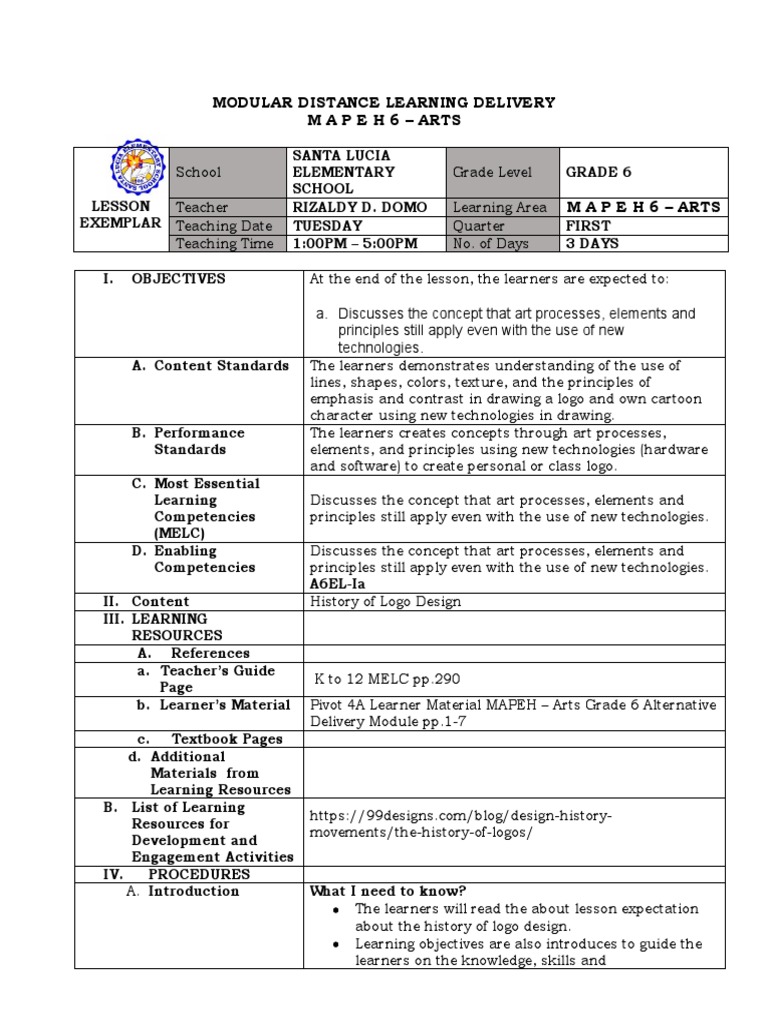 Modular Distance Learning Delivery Mapeh6-Arts | PDF | Learning | Logos