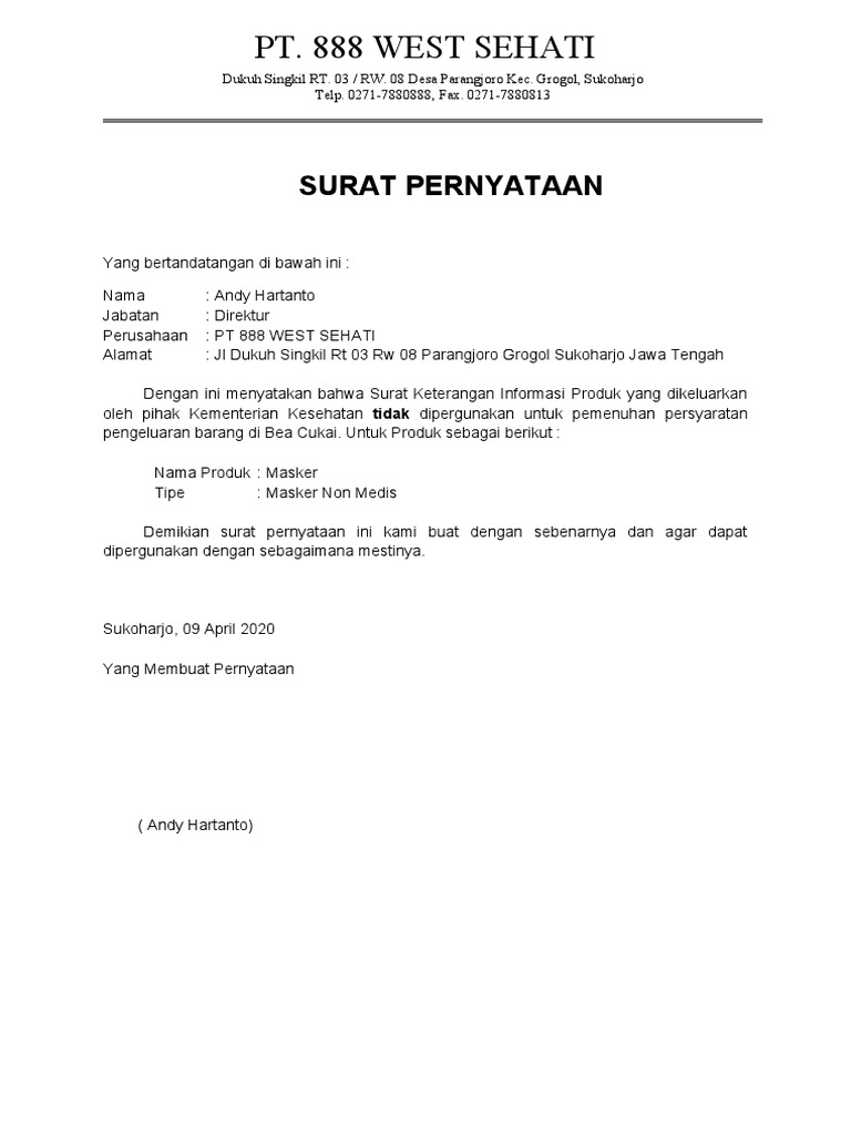 Template Surat Pernyataan Informasi Produk | PDF