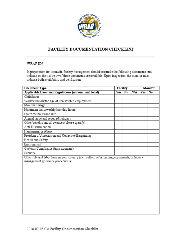 Facility Documentation Checklist | PDF | Employment | Occupational ...