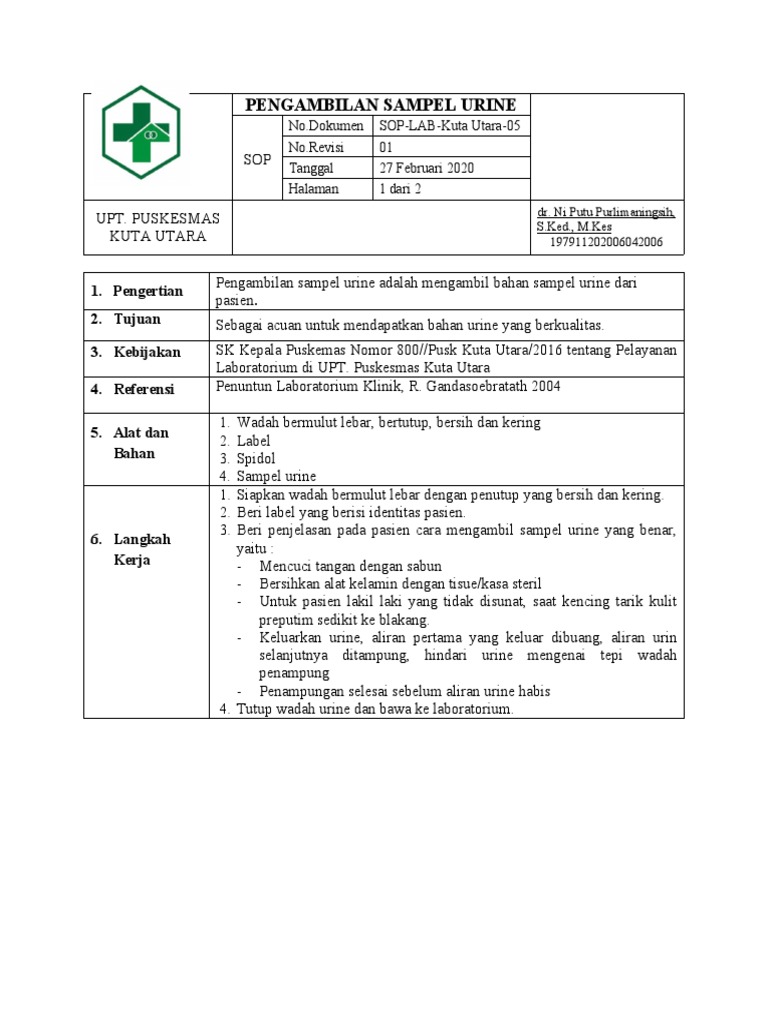 SOP Pengambilan Sampel Urine Puskesmas | PDF | Sains & Matematika