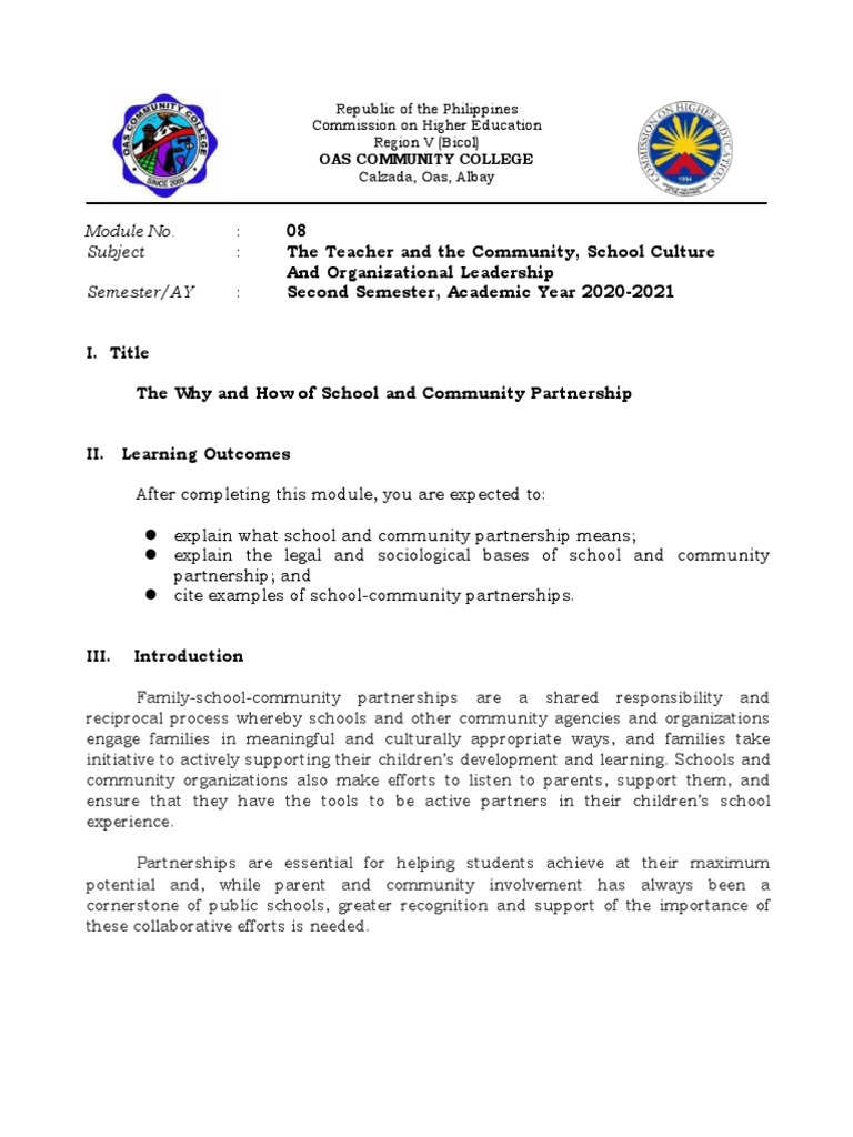 MODULE 8 The Teacher and The Community...... | PDF | Partnership ...