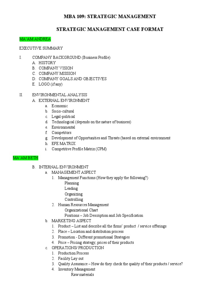 Mba 109: Strategic Management Strategic Management Case Format | PDF ...