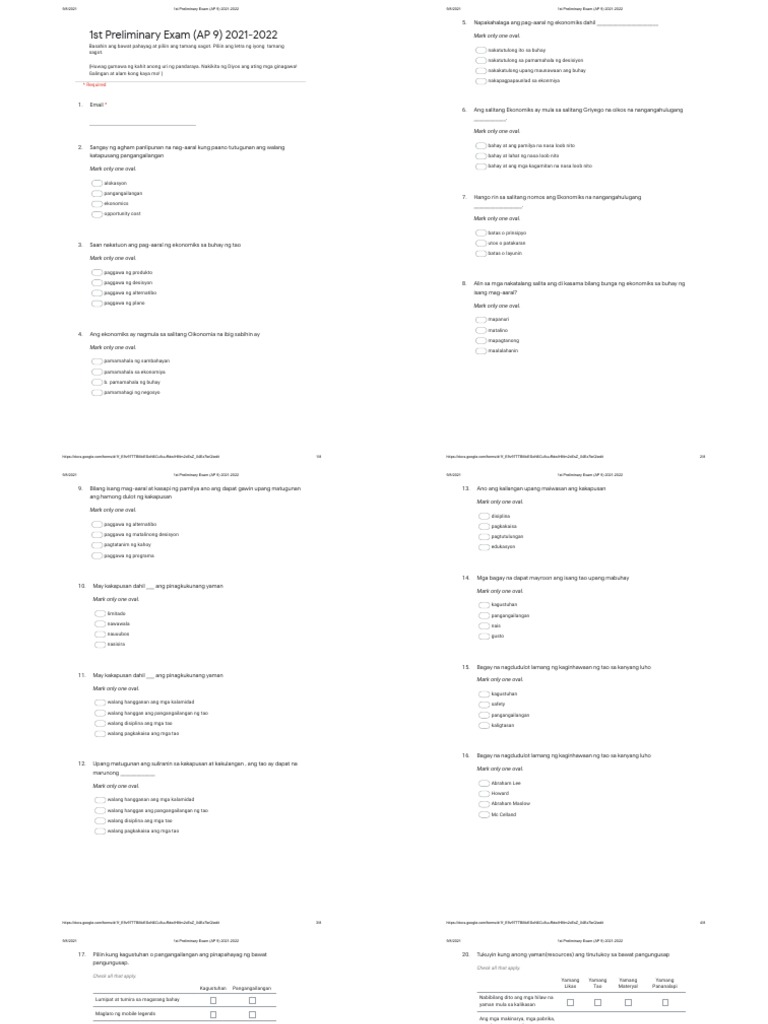 1st Preliminary Exam (AP 9) - Google Forms | PDF